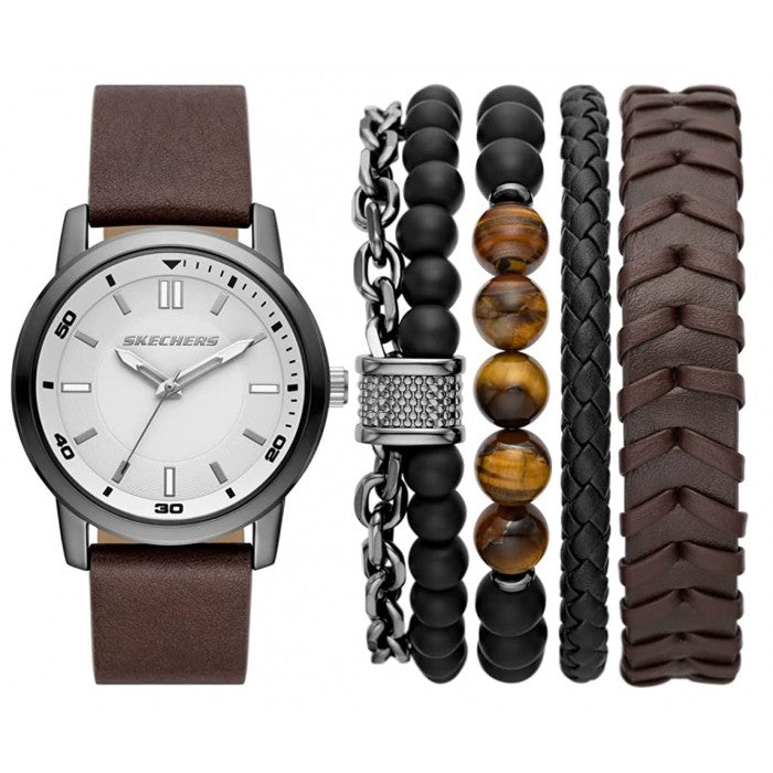 Quartz Light Grey Dial Brown Leather Strap Watch + Bracelet Gift Set ...